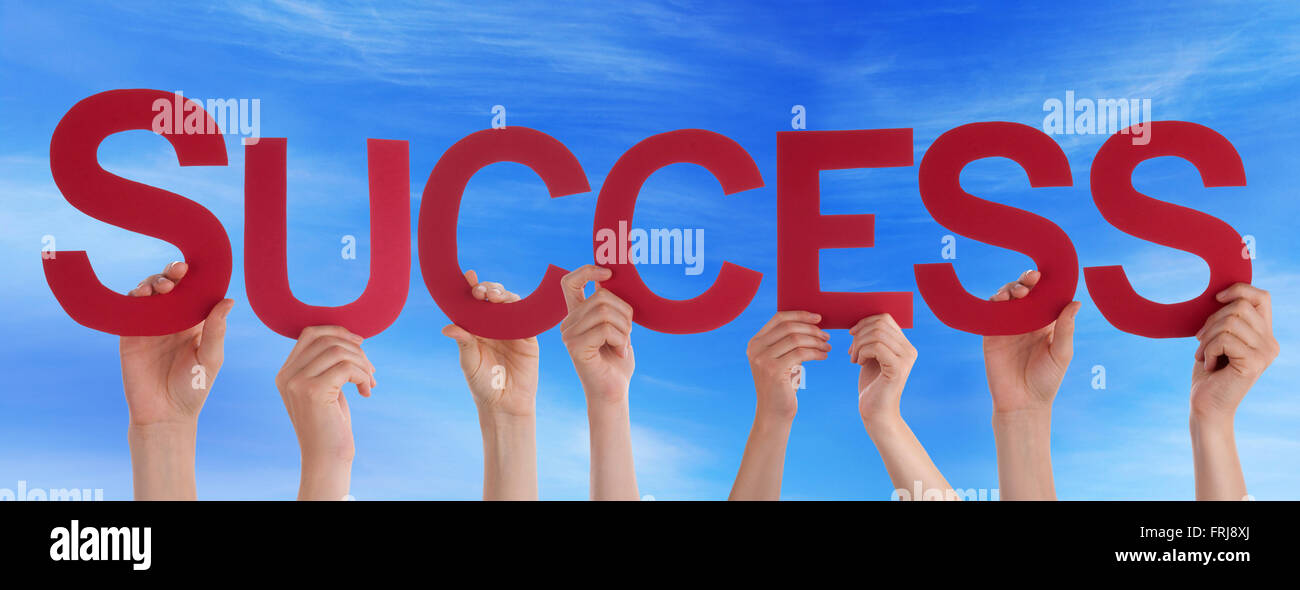 Many People Hands Holding Red Straight Word Success Blue Sky Stock ...