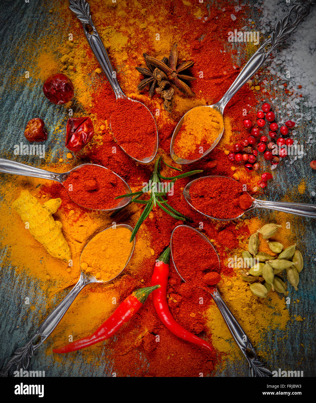 Various spices powder with spoons Stock Photo - Alamy