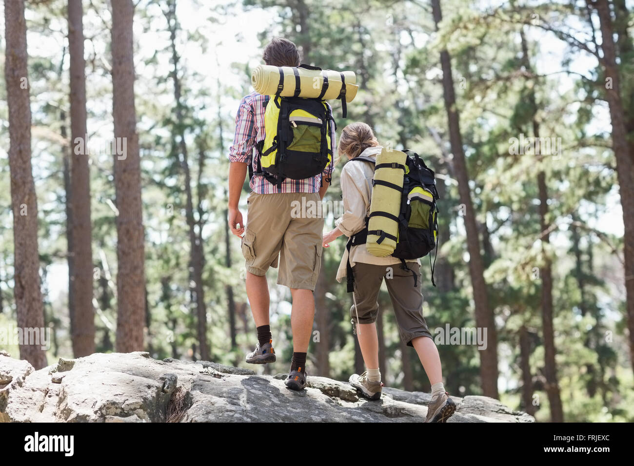 Rear view of couple walking on rock in forest Stock Photo - Alamy