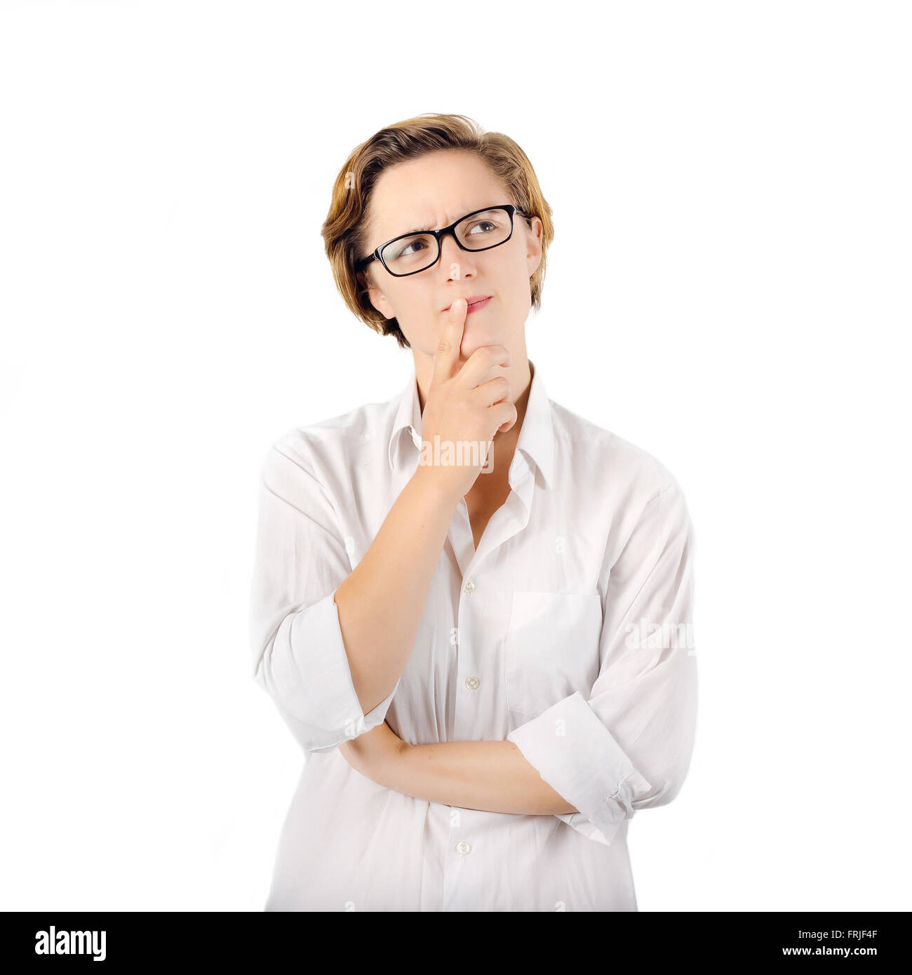 Smart Woman Thinking. Female with short hair and glasses thinking ...