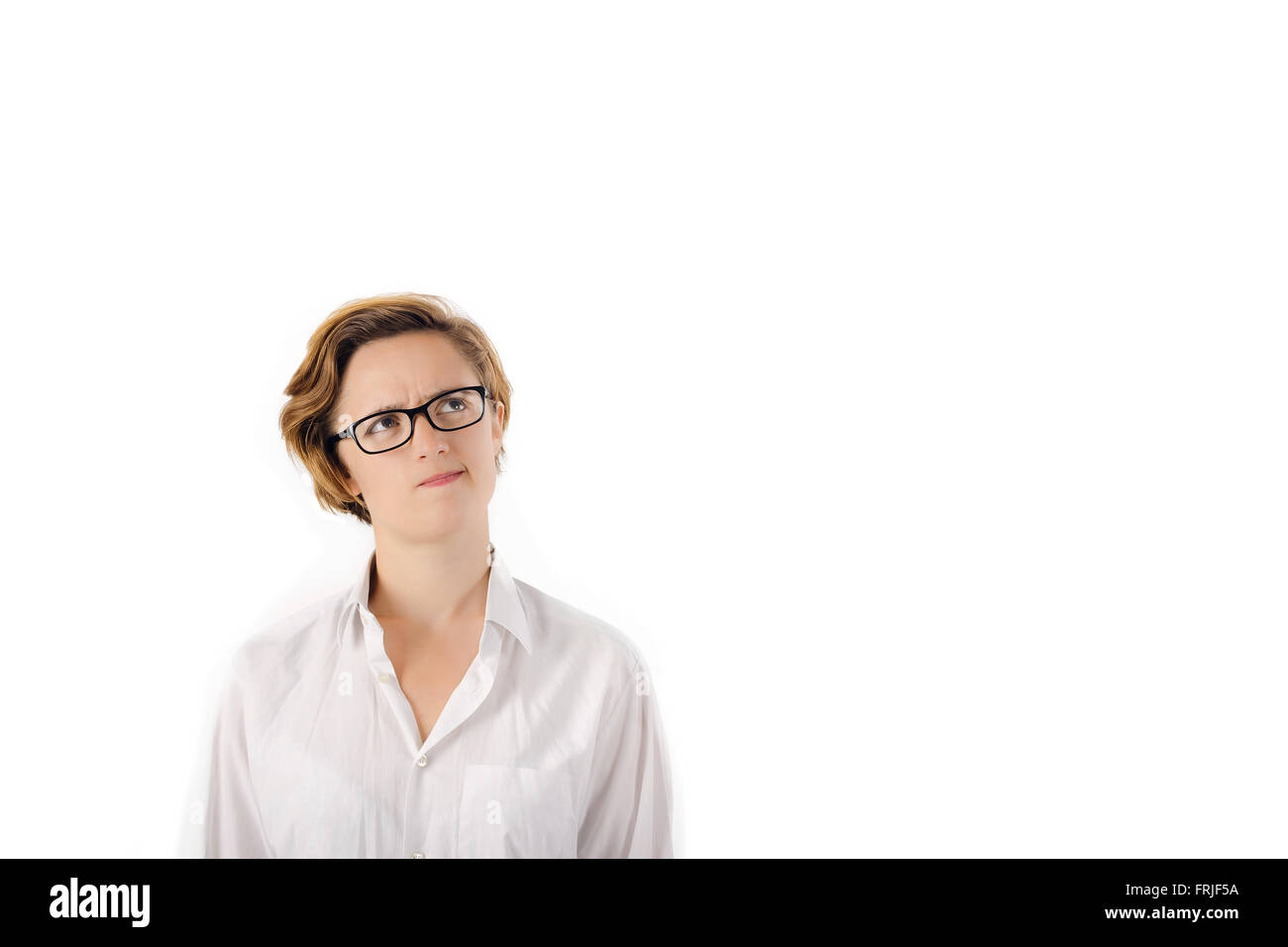 Smart Woman Thinking. Female with short hair and glasses thinking ...