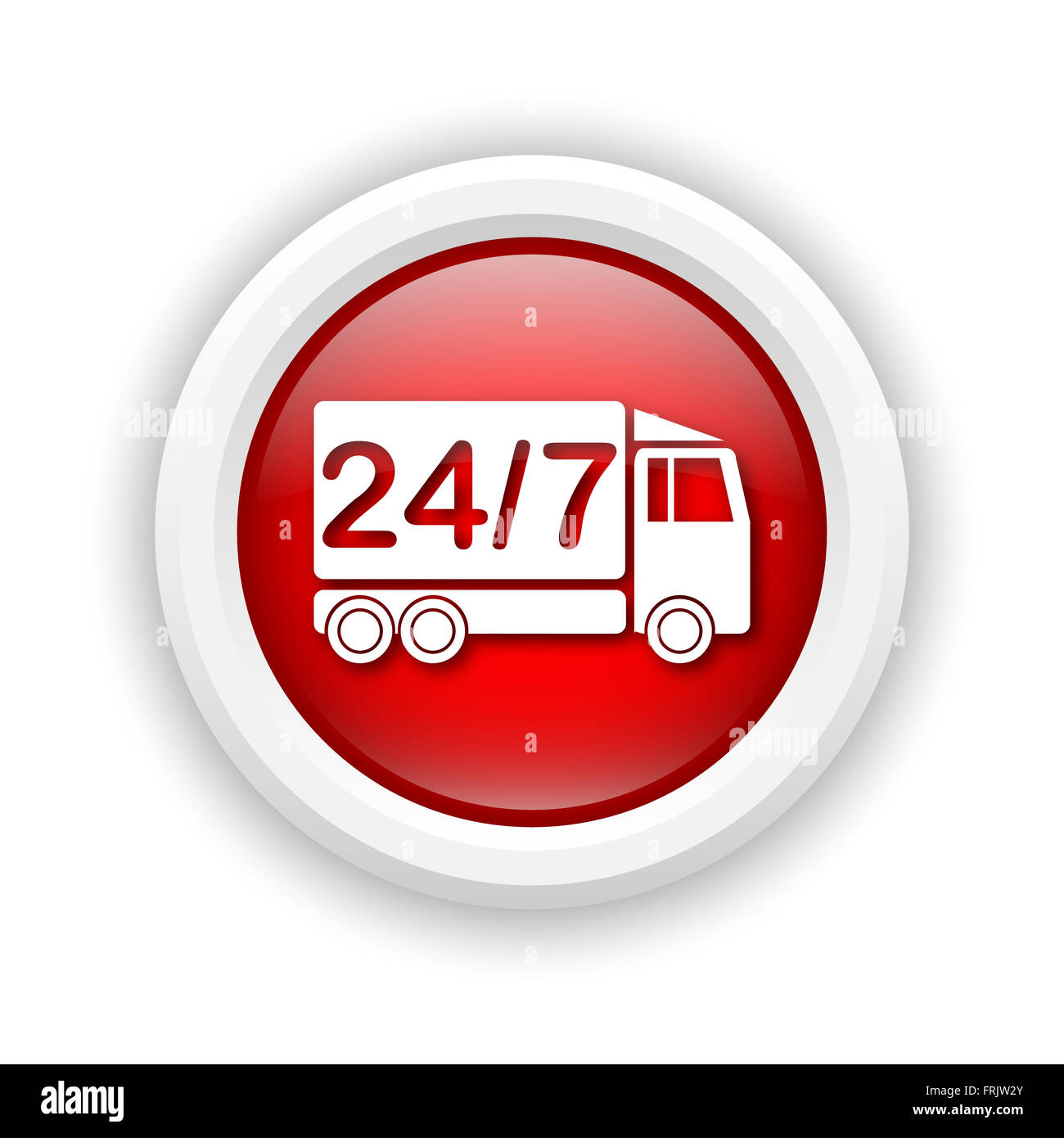Round plastic icon with white design on red background Stock Photo - Alamy