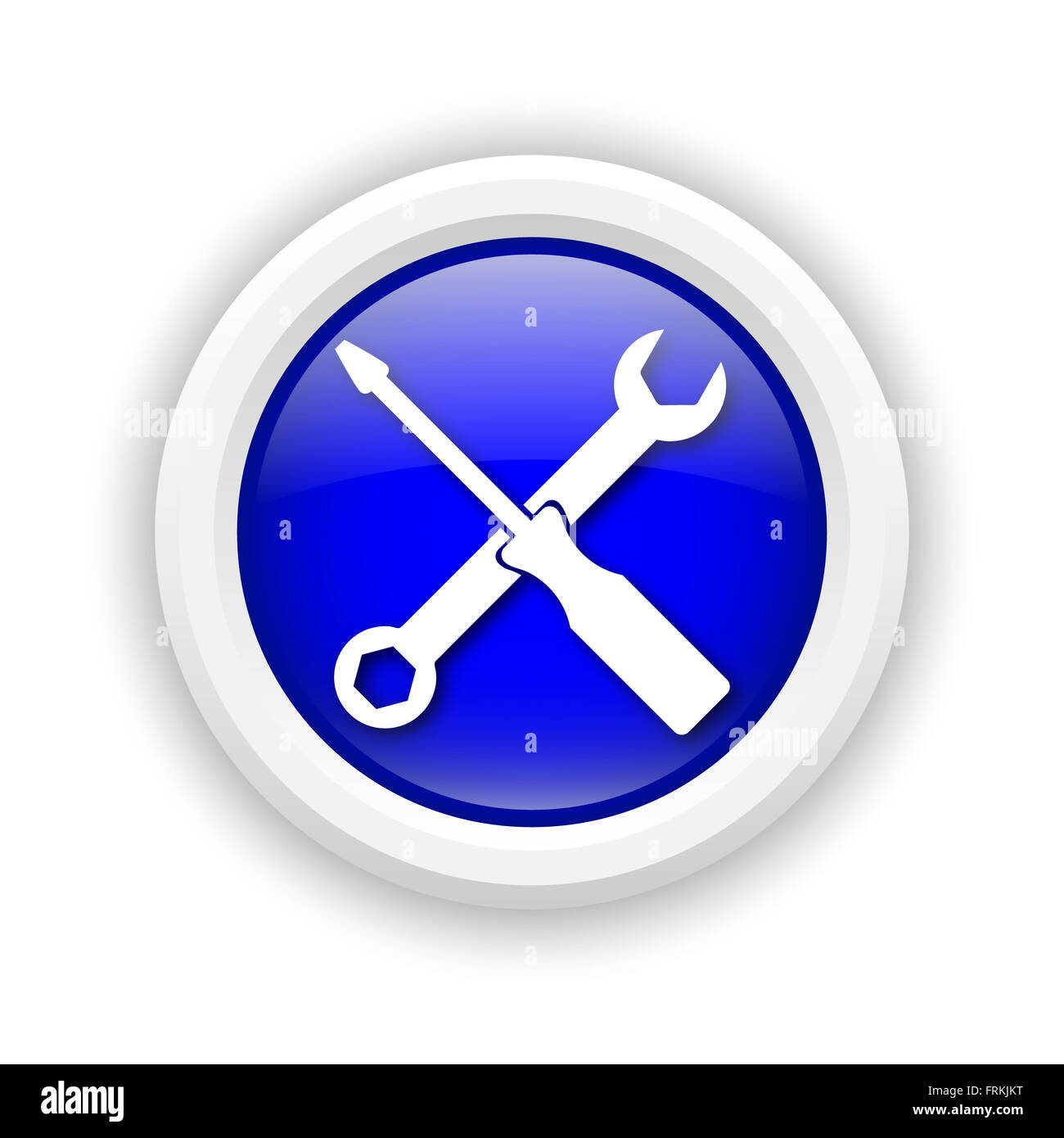 Round plastic icon with white design on blue background Stock Photo - Alamy