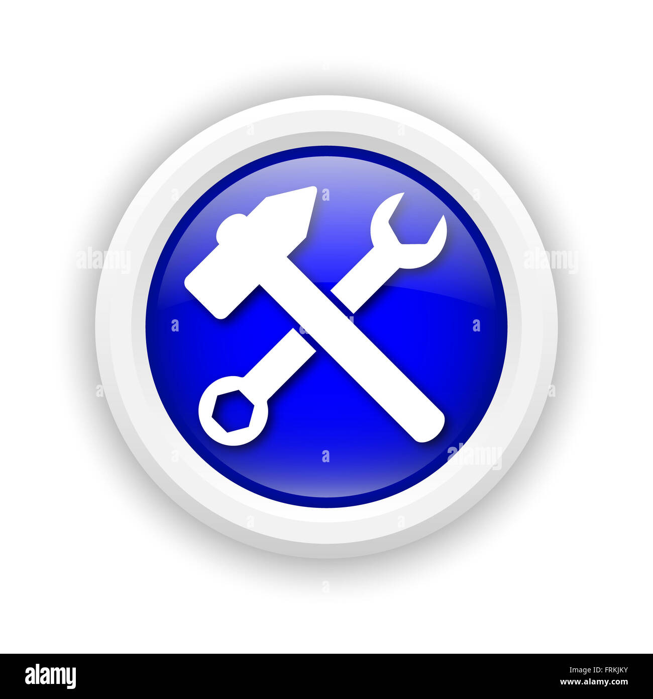 Round plastic icon with white design on blue background Stock Photo - Alamy