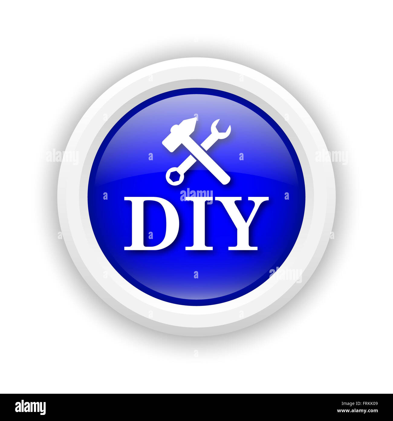 Round plastic icon with white design on blue background Stock Photo - Alamy