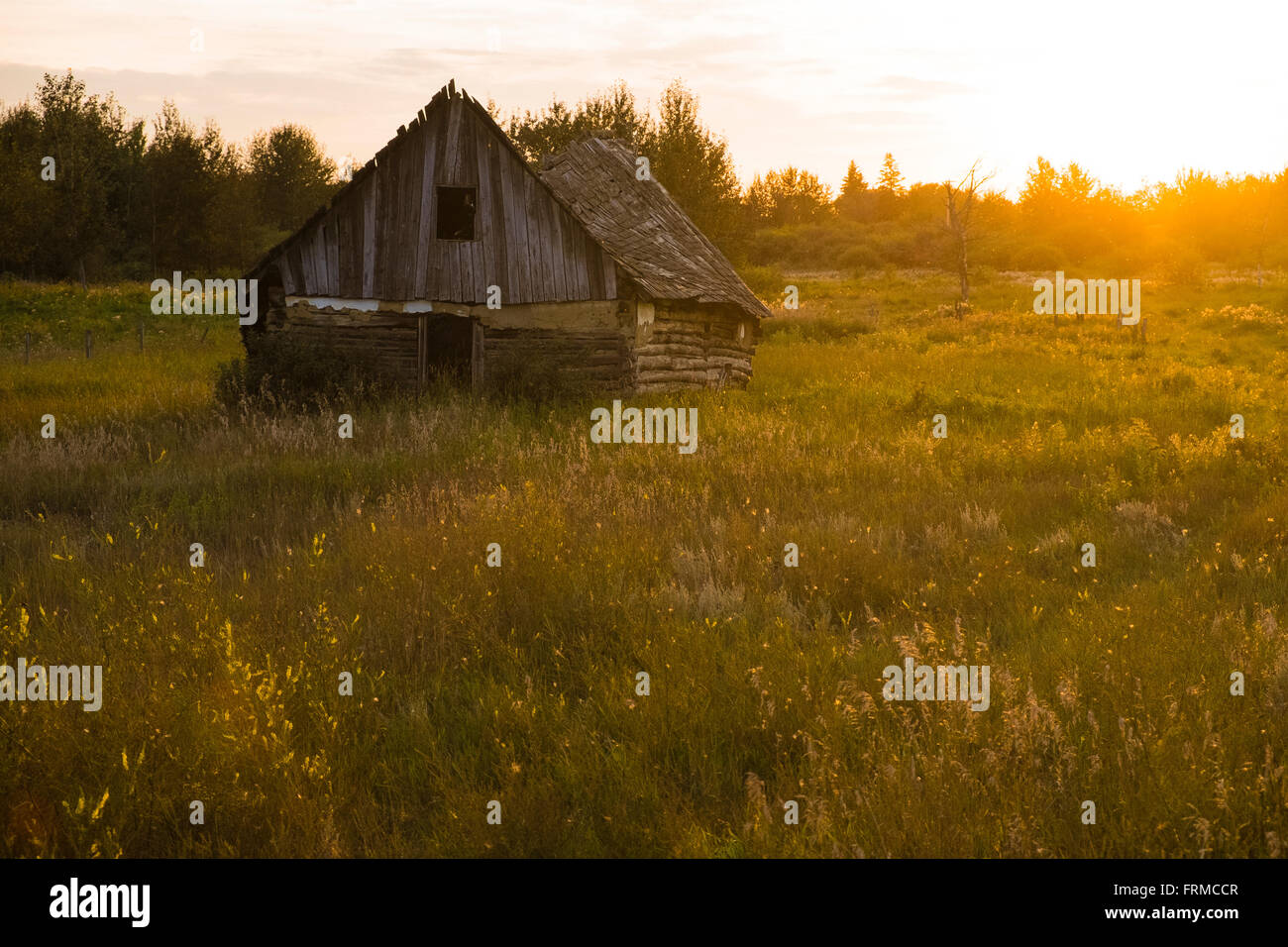 A dilapidated prairie building, with roof partially collapsed, sits in ...