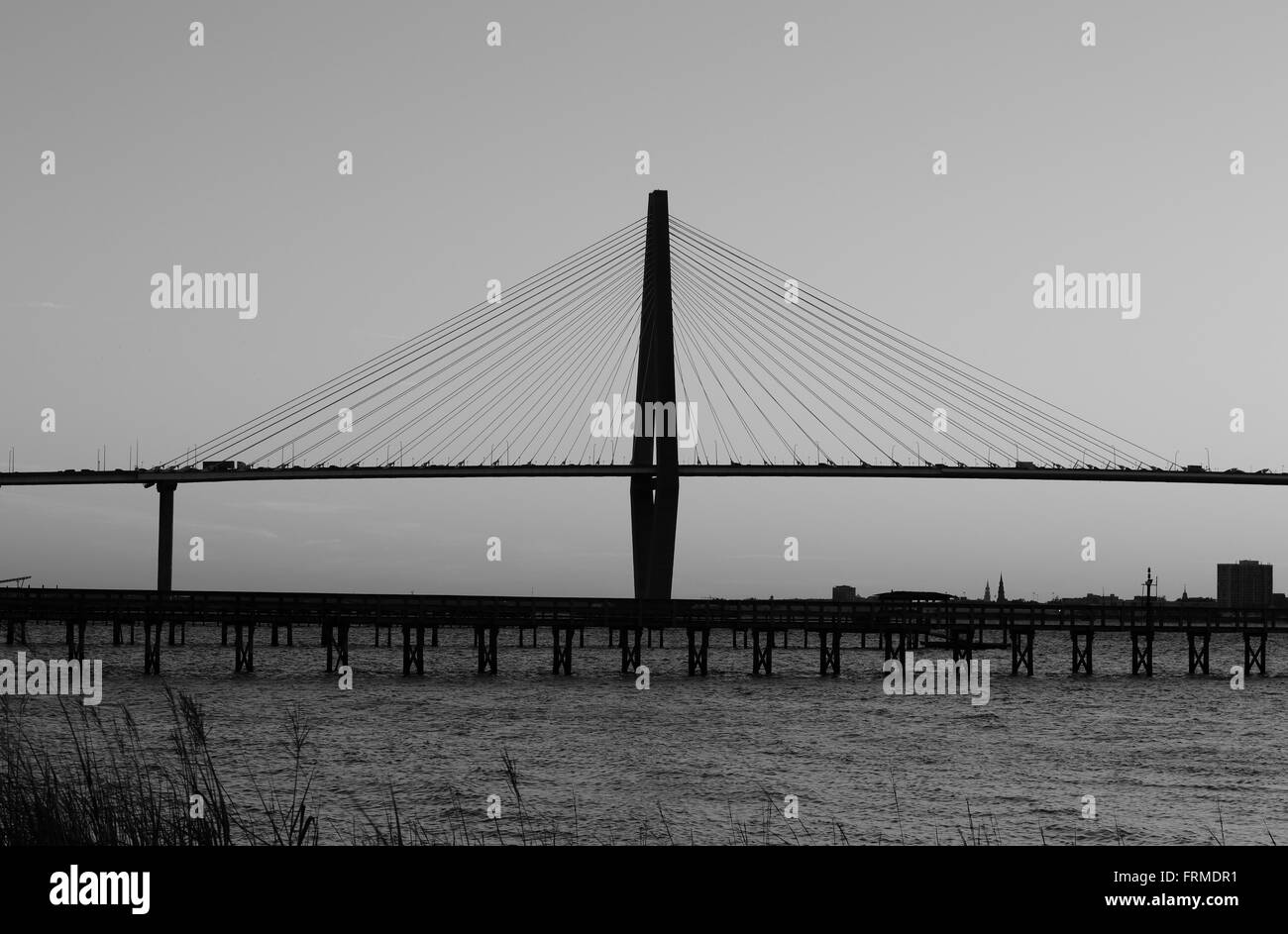 View of a long bridge in black and white, Charleston Arthur Ravenel Jr ...