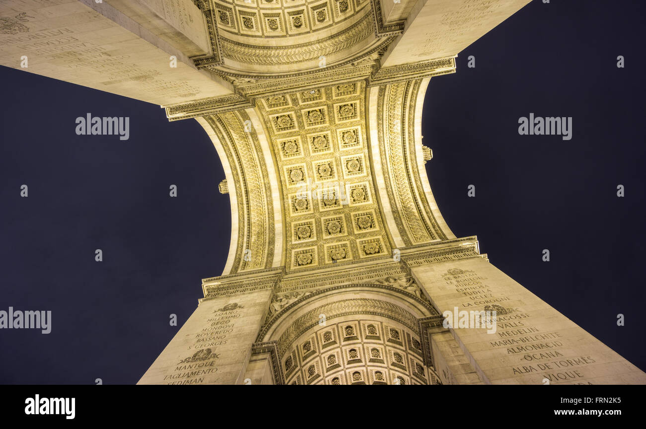 Arc de Triomphe bottom view at night Stock Photo - Alamy