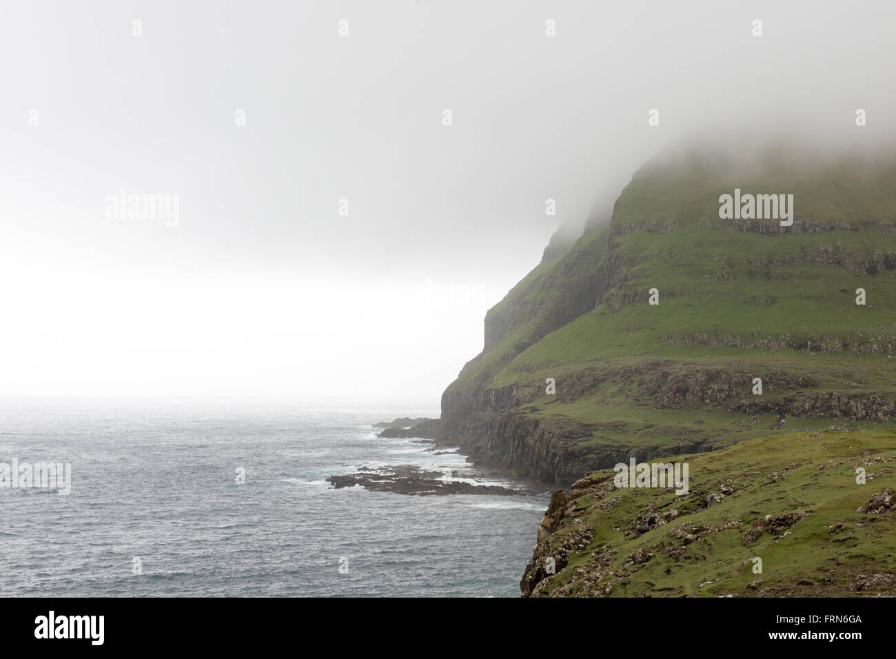 Typical landscape on the Faroe Islands, with green grass and rocks on ...