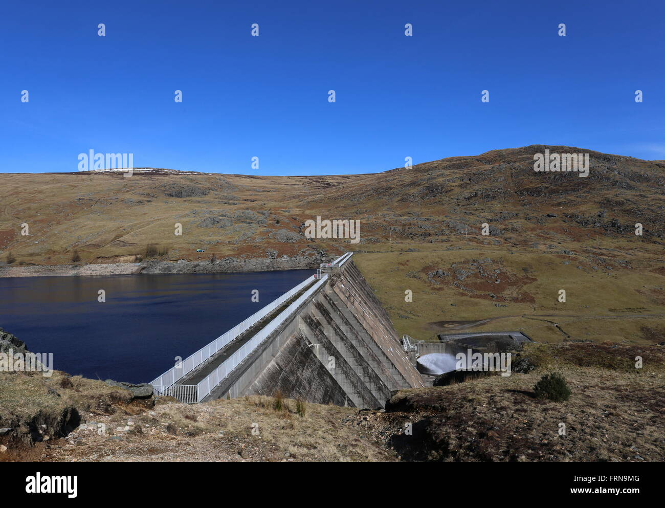 Elevated view of Loch Lednock reservoir and dam Glen Lednock Scotland ...