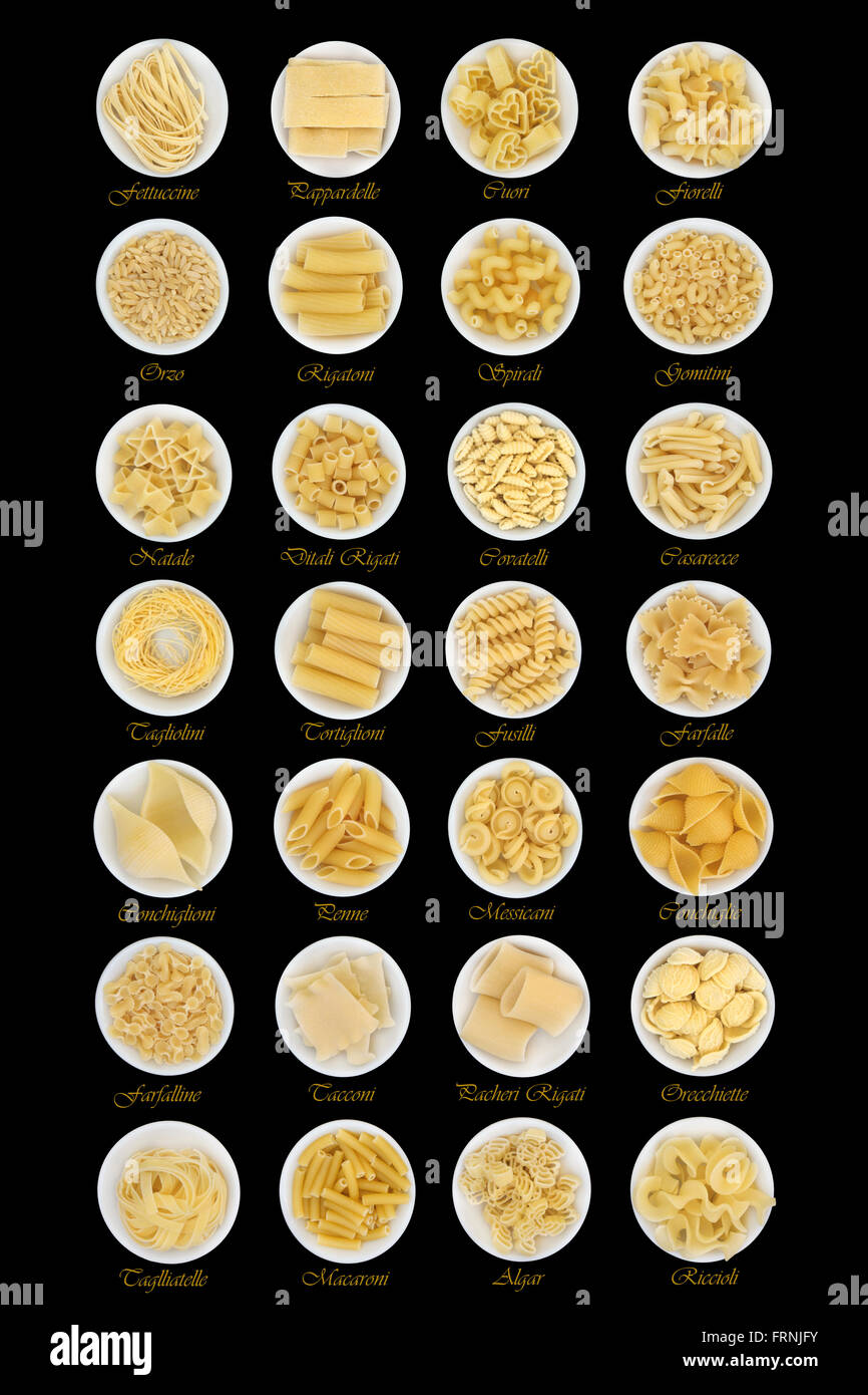 Dried pasta food sampler in round porcelain bowls over black background ...