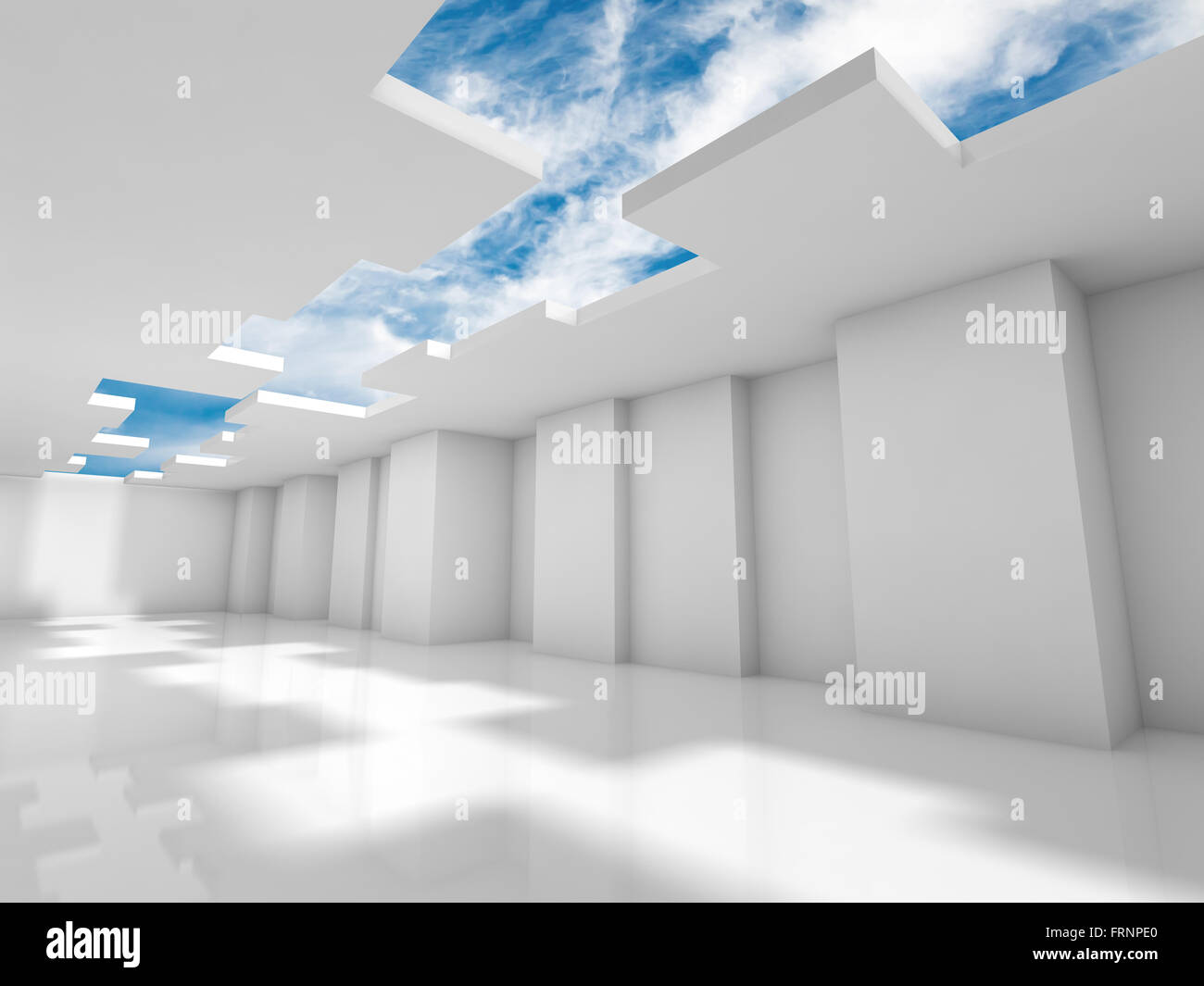 Abstract modern interior design with corners and cloudy sky outside ...