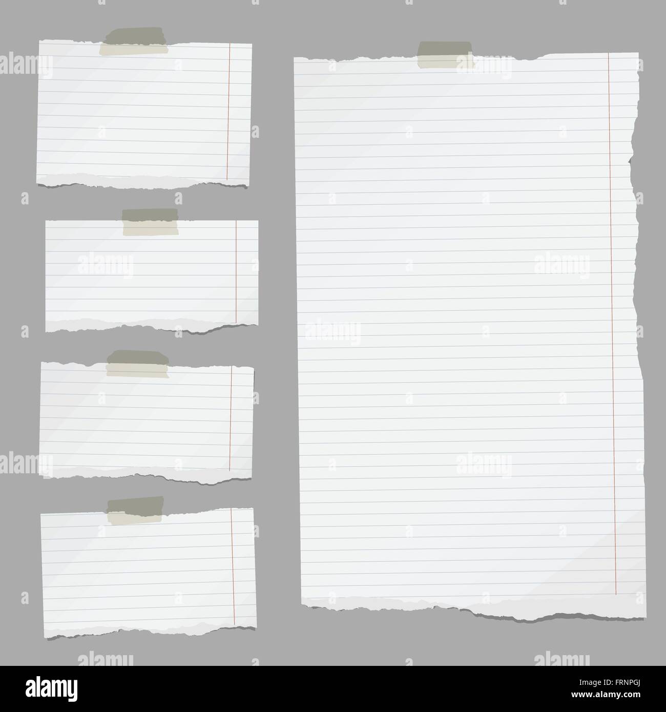 Pieces of torn white lined notebook paper sticked on gray background ...