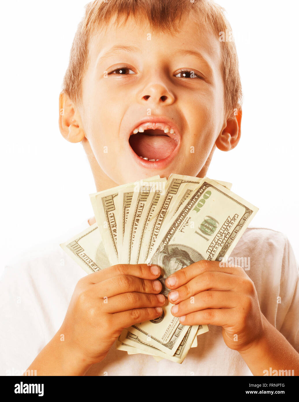 young cute boy holding lot of cash, american dollars isolated Stock ...