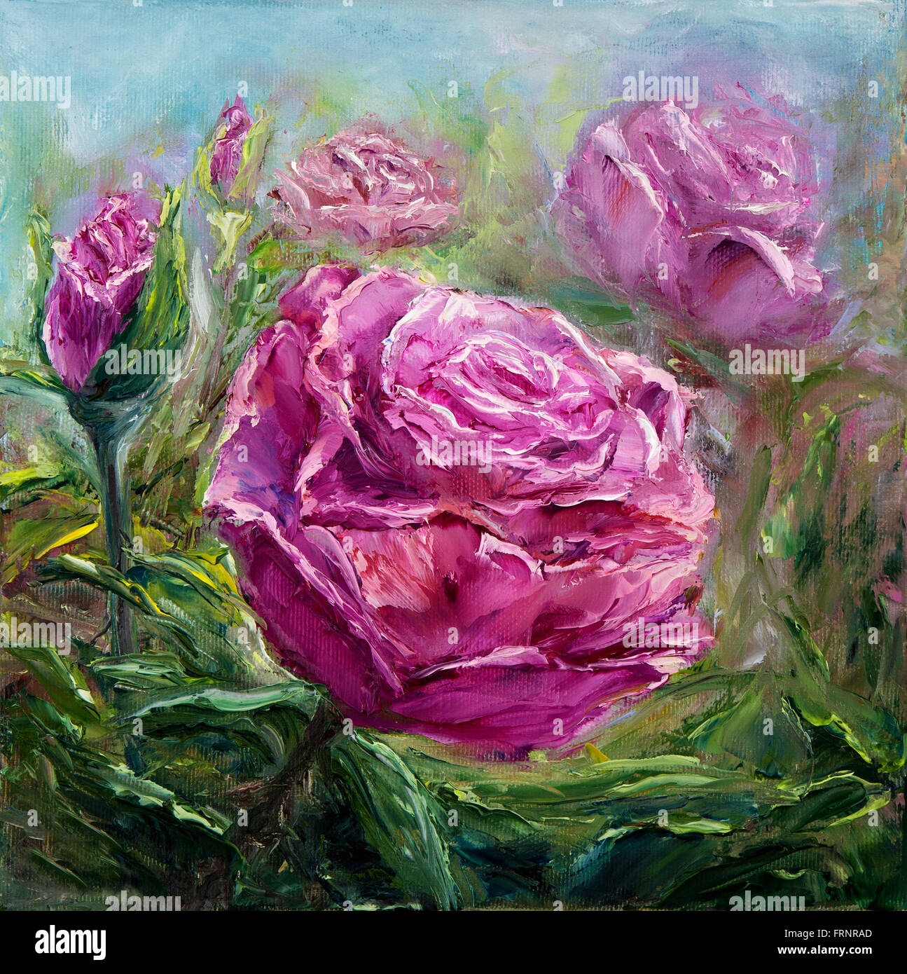 Original oil painting showing pink peony flowers bouquet. Genus Paeonia ...