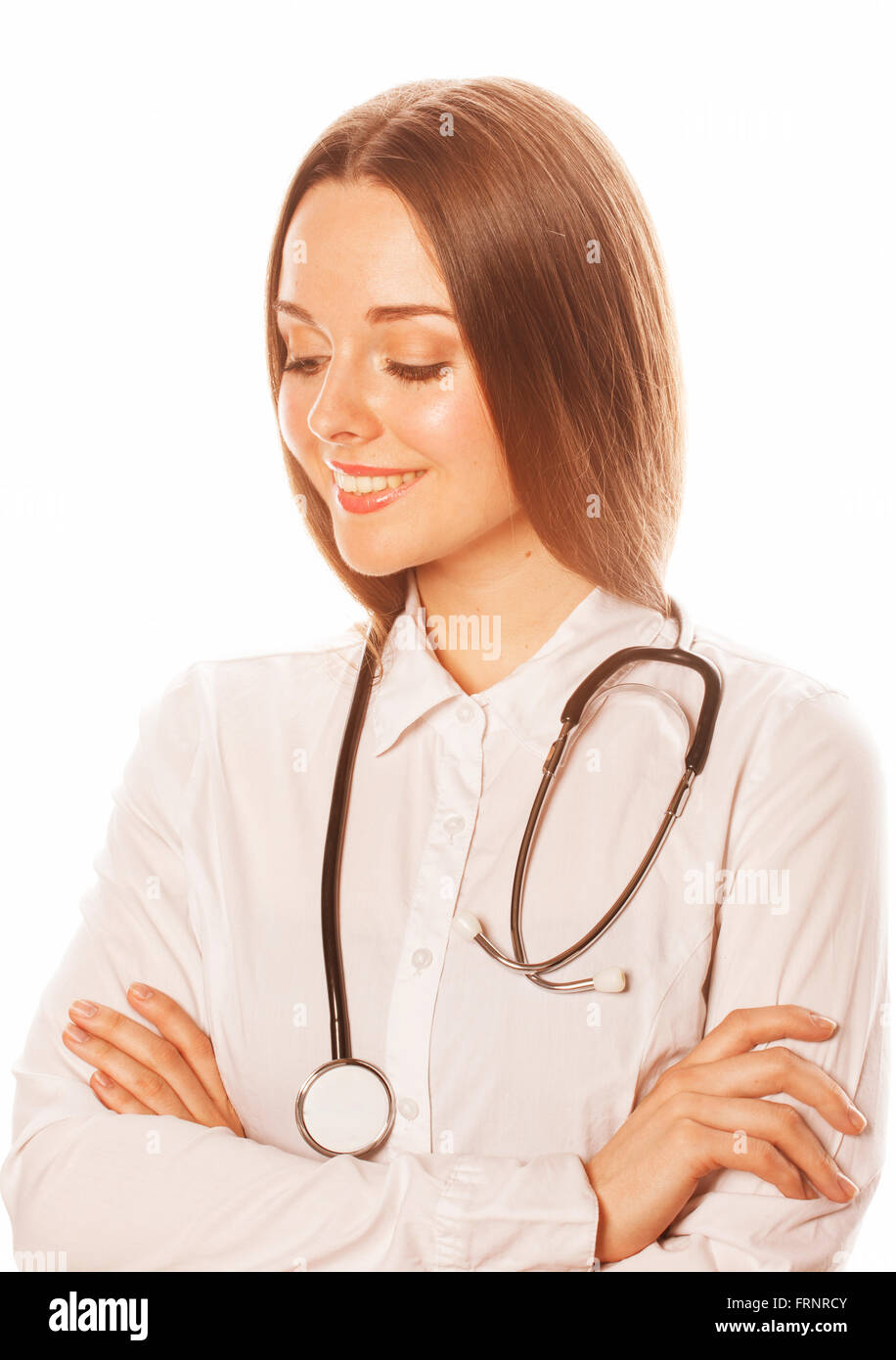 young pretty woman doctor with stethoscope on white background Stock ...