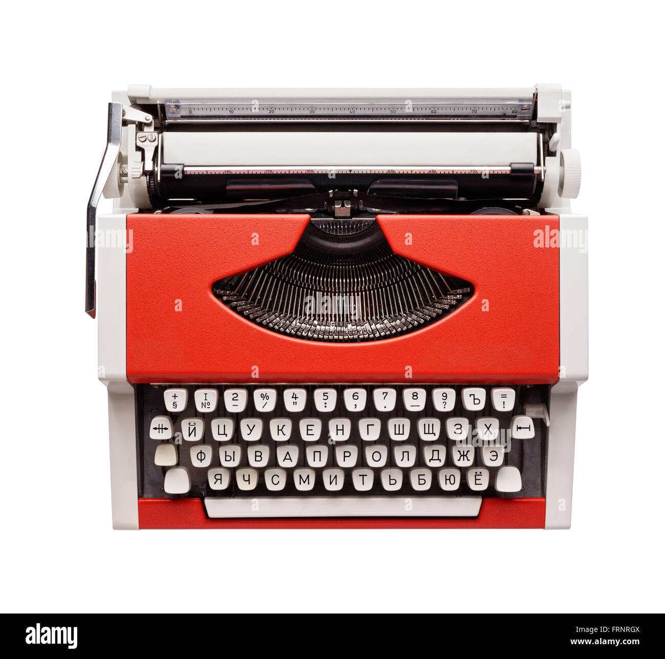 Isolated objects: little orange typewriter, view from above, on white ...