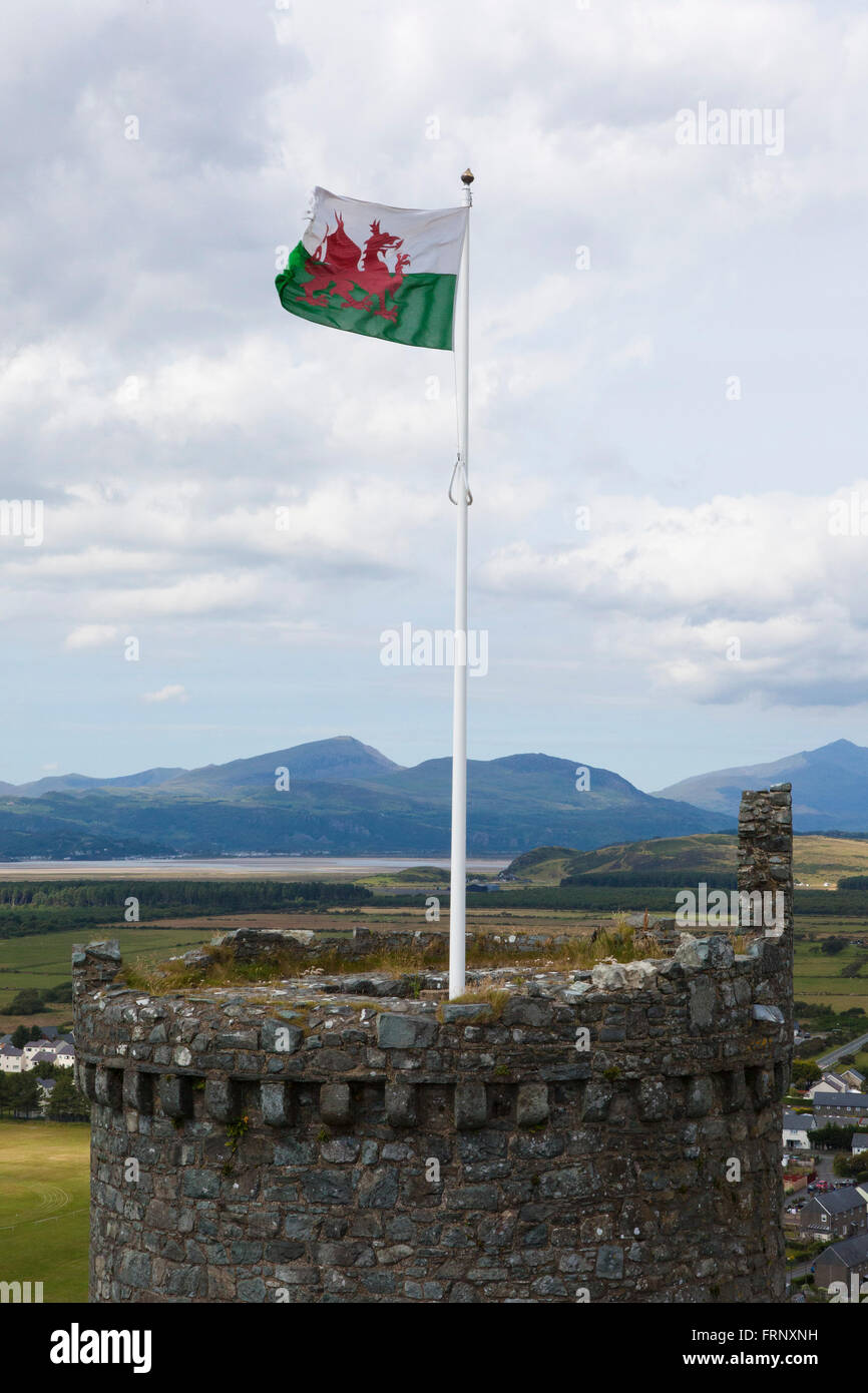 The Welsh flag flying over the walls of Harlech Castle in north Wales ...