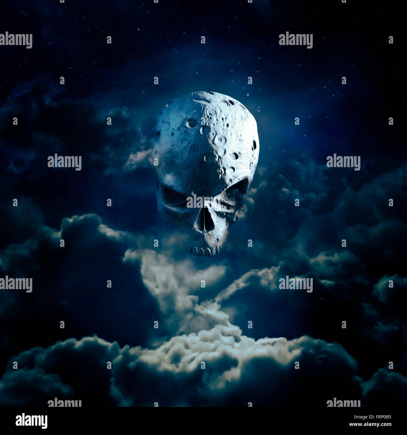 Reaper moon rising / 3D render of cratered skull moon in night sky ...