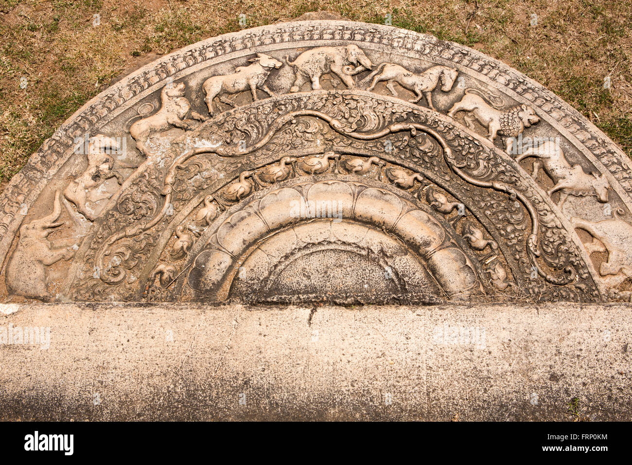 Sri Lanka, Anuradhapura, Thuparamaya, moonstone at entrance of ancient ...