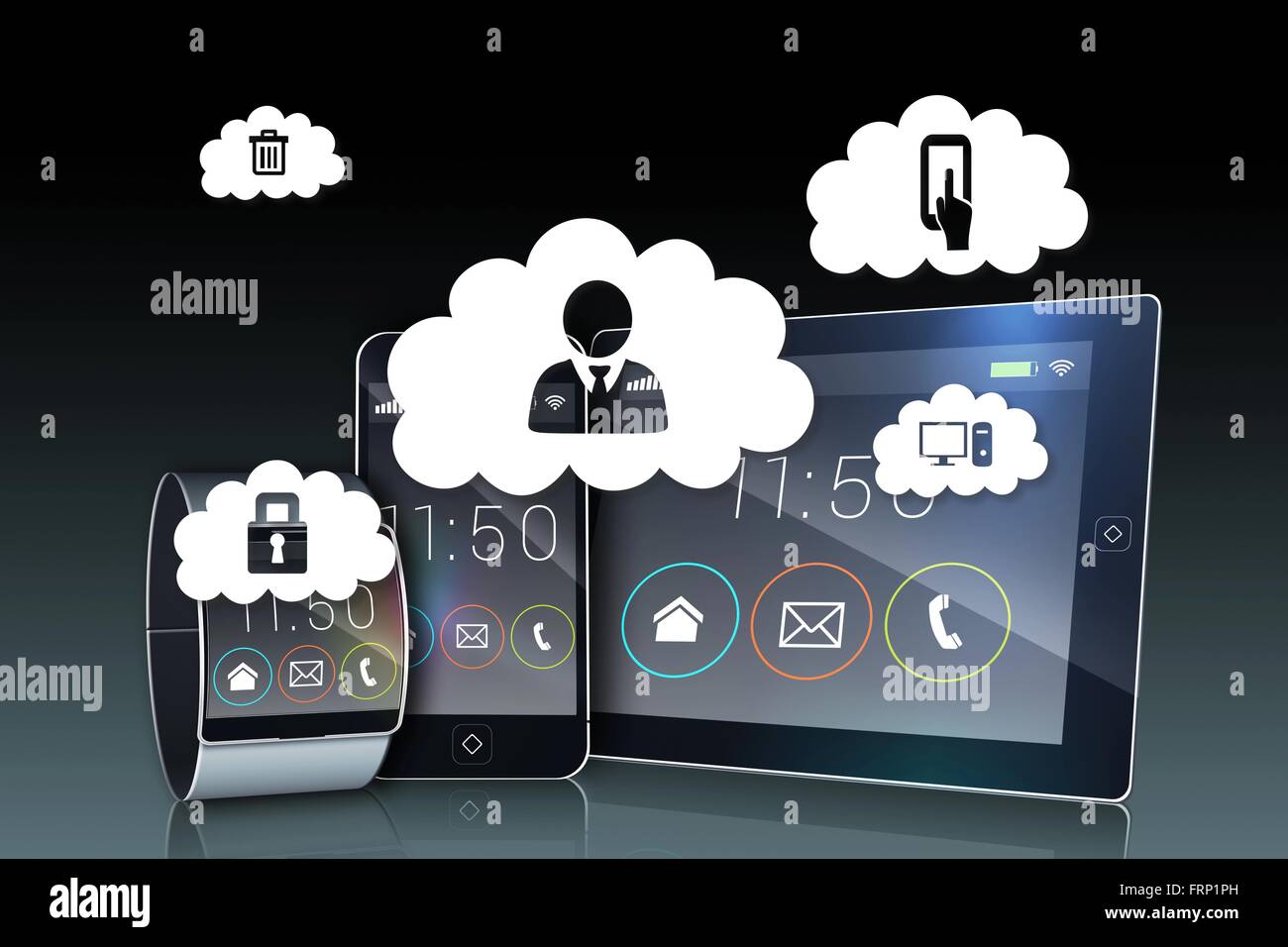 Media devices with clouds and apps Stock Photo - Alamy