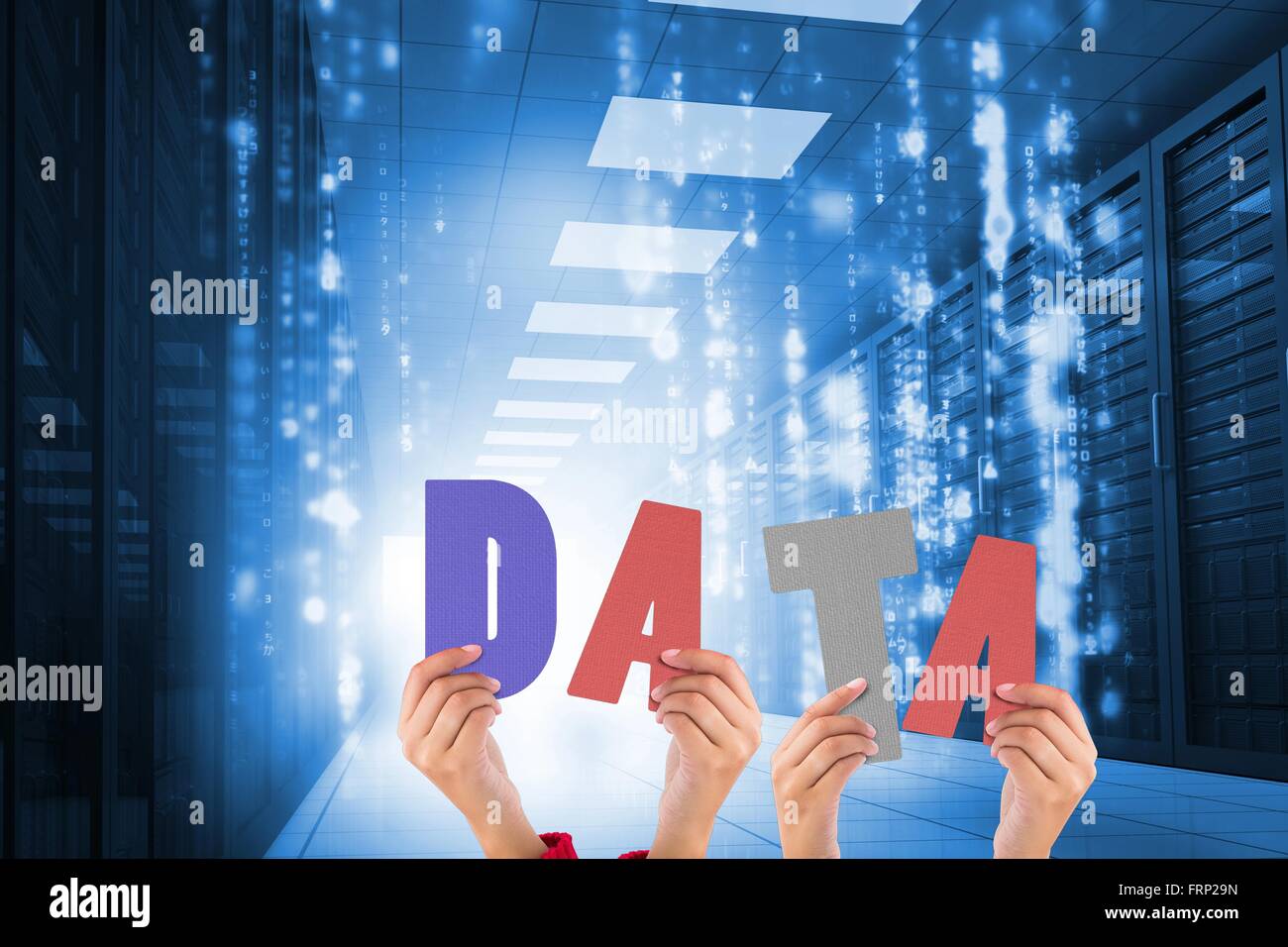 Hands holding up data in server room Stock Photo - Alamy