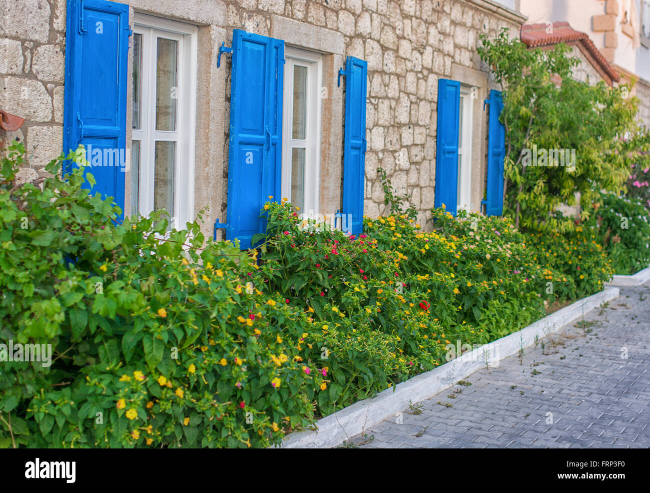 Typical greek traditional village with colorful doors, windows on ...