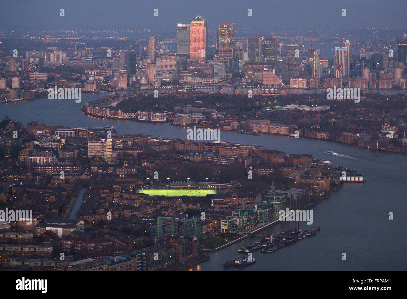 London Docklands aerial view, River Thames, Docklands and Canary Wharf ...