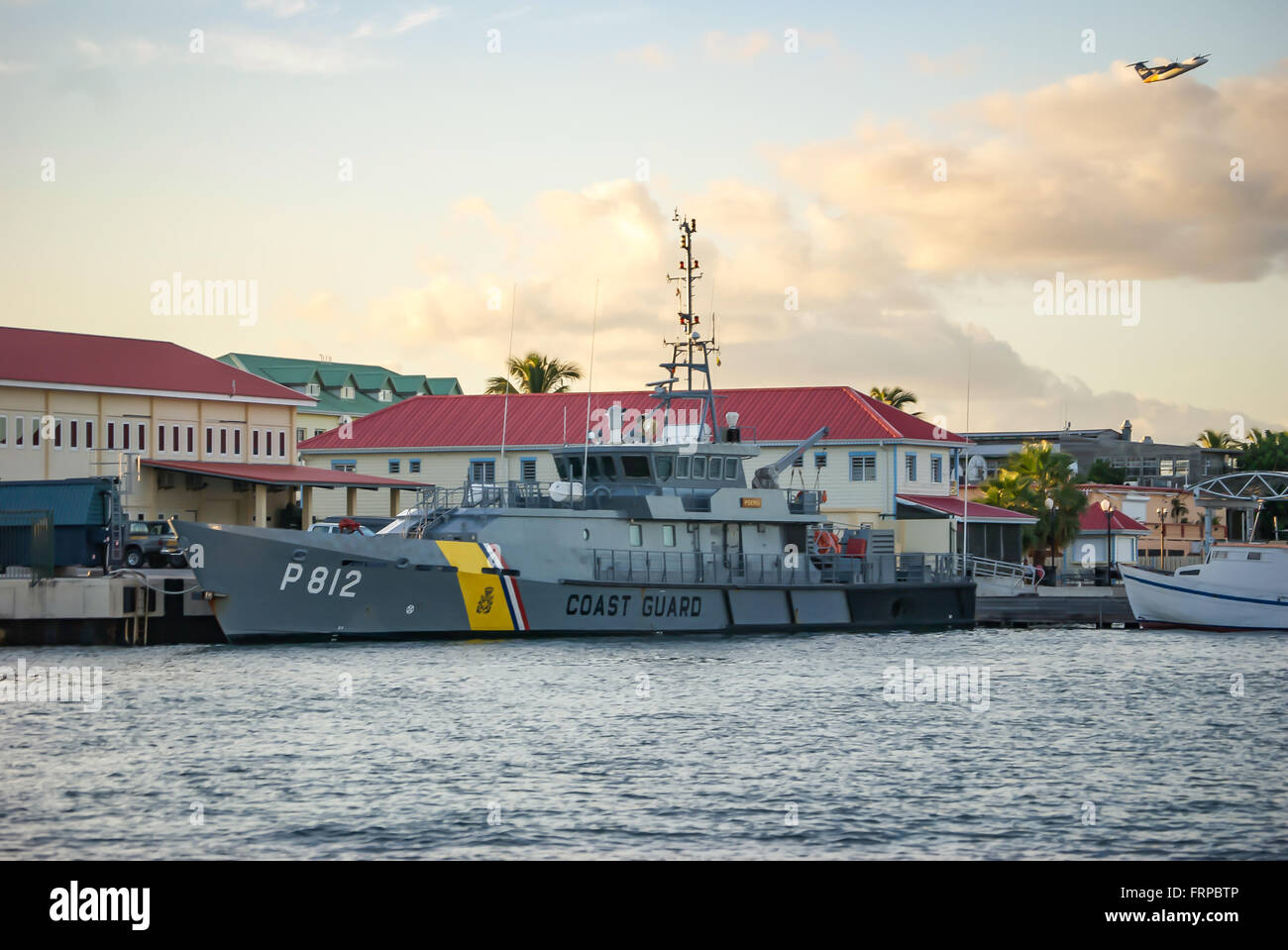 A Dutch Coast Guard ship in the harbor on the island of St, Maarten in ...