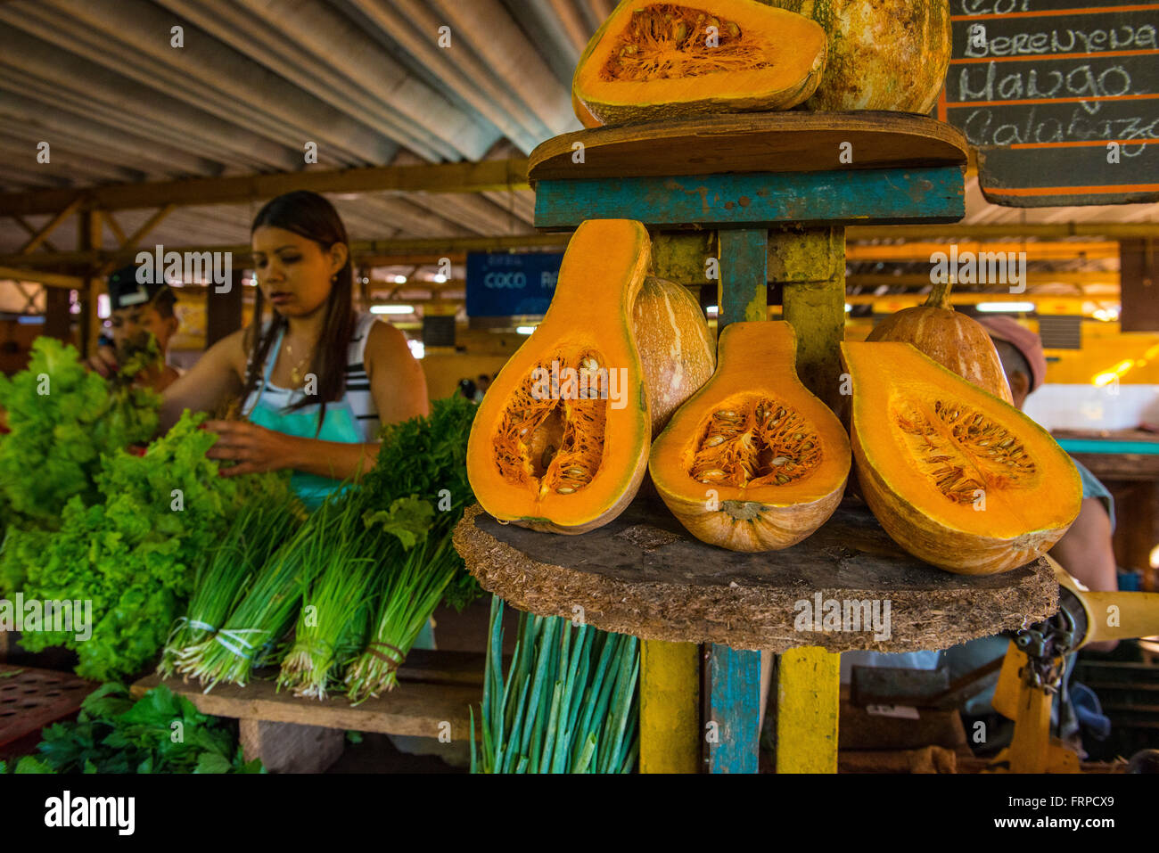 Calabaza on a Shelf with Woman Wrapping Lettuce in Background in a Food ...