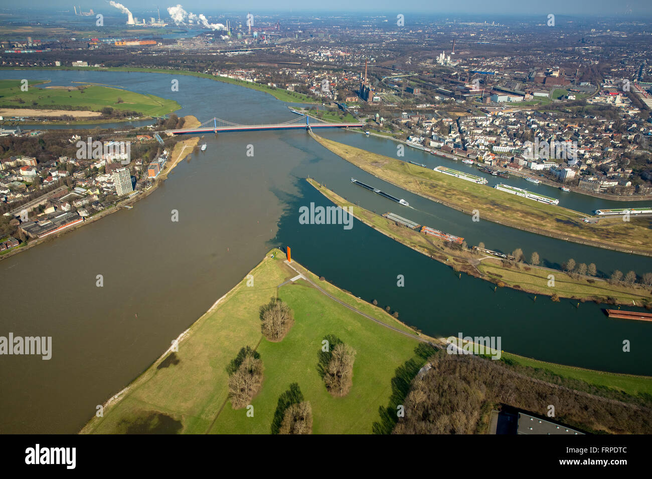 Aerial view, Ruhr flowing into the Rhine at high water, Duisburg, Lower ...