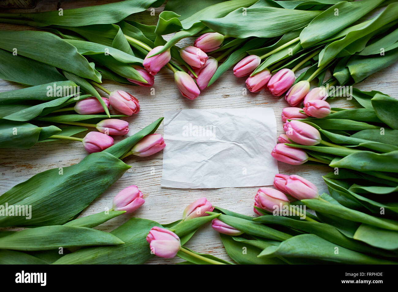 Frame of fresh tulips arranged on old wooden background with a piece of ...