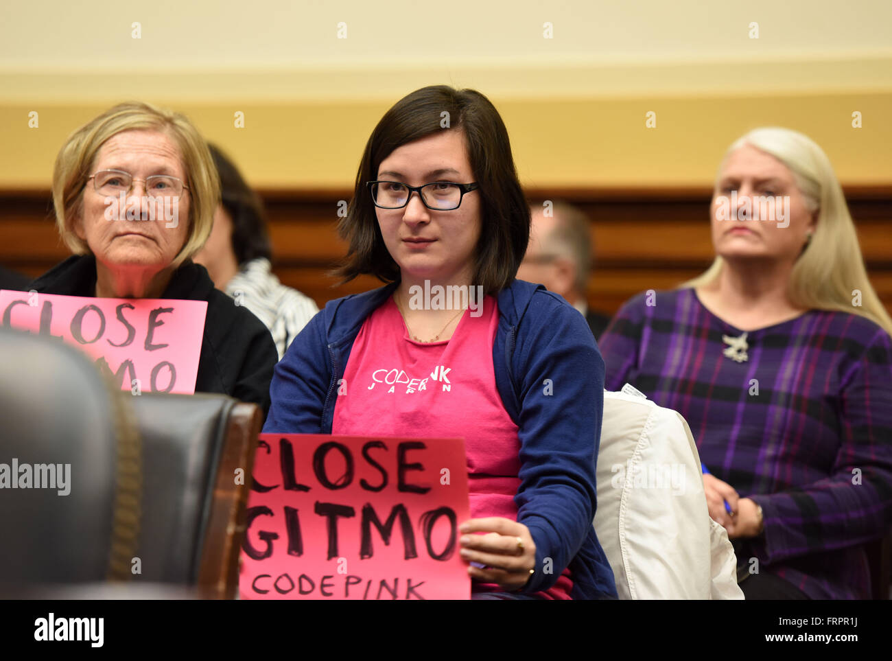 Washington, DC, DC, USA. 23rd Mar, 2016. Code Pink demonstrators hold ...
