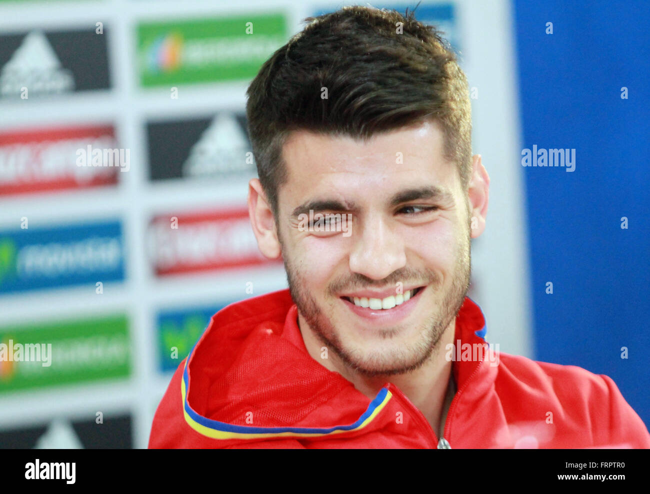Udine, Italy. 23rd Mar, 2016. Spain's forward Alvaro Morata smiles ...