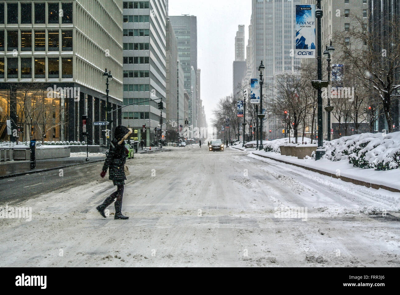 New York City street in winter with snow, USA Stock Photo - Alamy