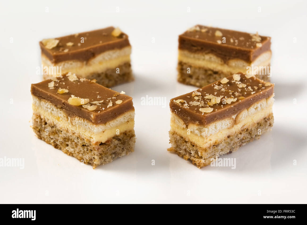 pieces of a chocolate and vanilla pudding cake with walnuts biscuit on ...