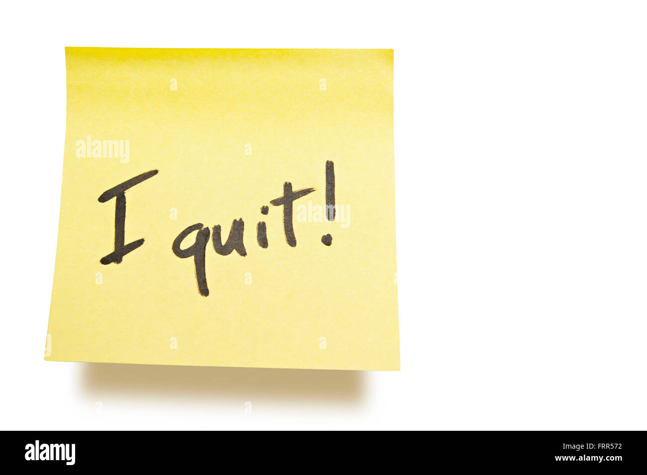 yellow adhesive note on white background with "i quit" note Stock Photo ...