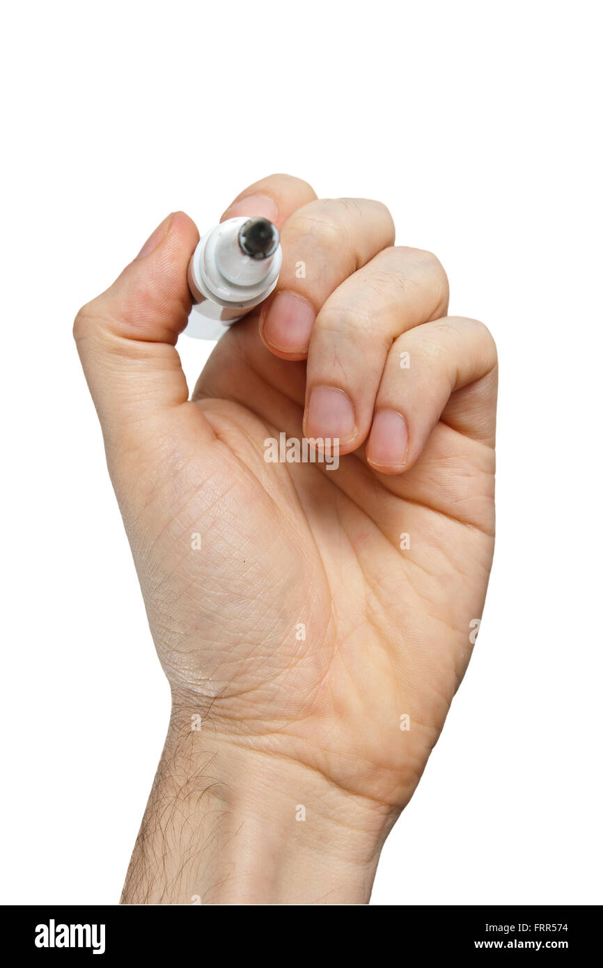 Hand holding pen facing the viewer isolated on a white background ...