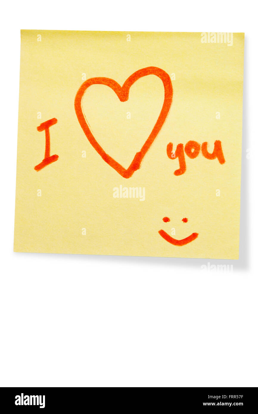post-it note with handprinted i love you isolated with shadow Stock ...
