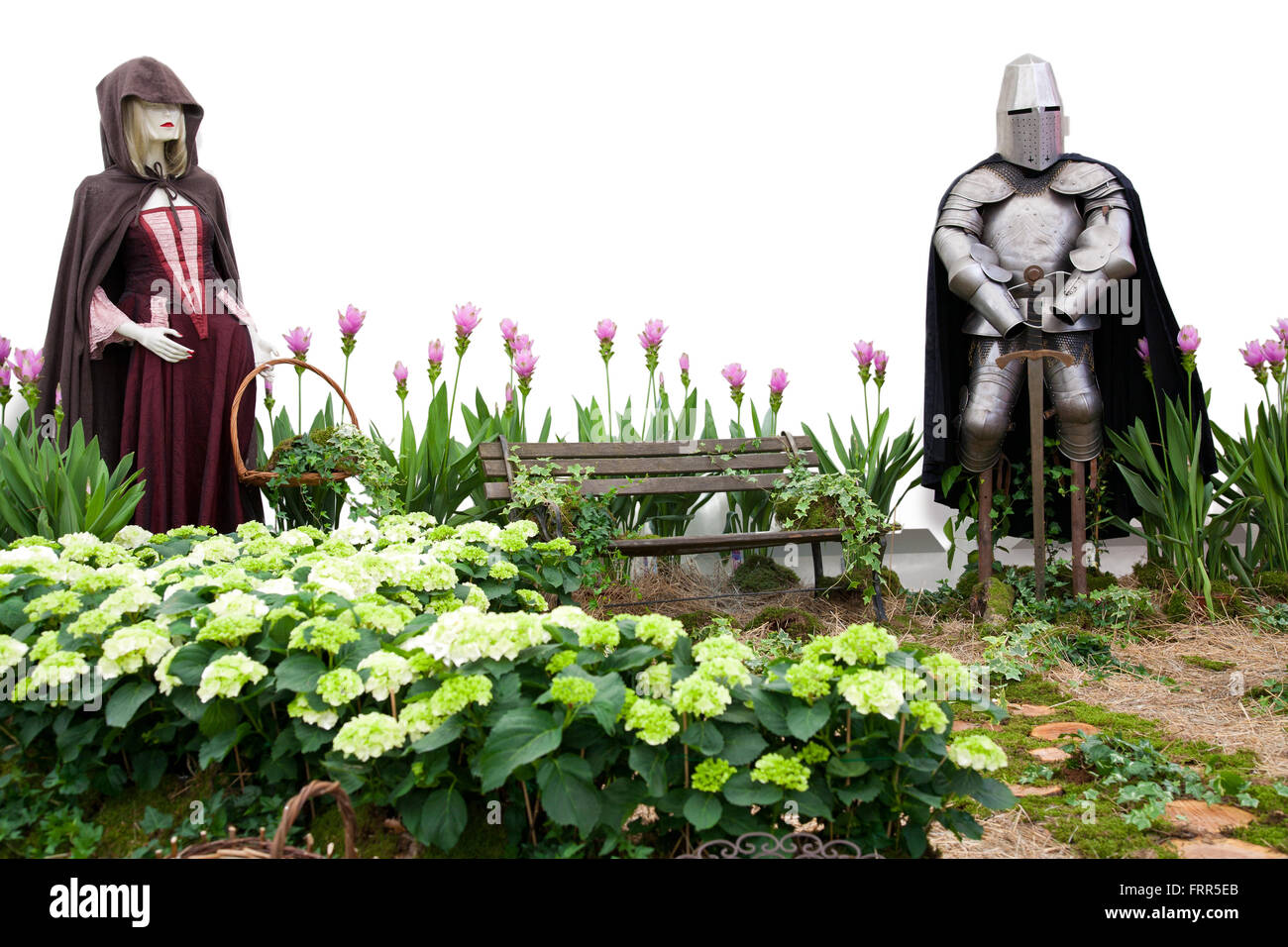 medieval scene with a knight in a flower garden Stock Photo - Alamy