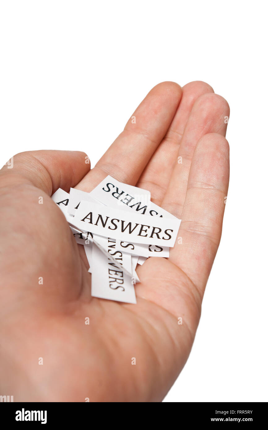 Answers printouts held in hand isolated on white Stock Photo - Alamy