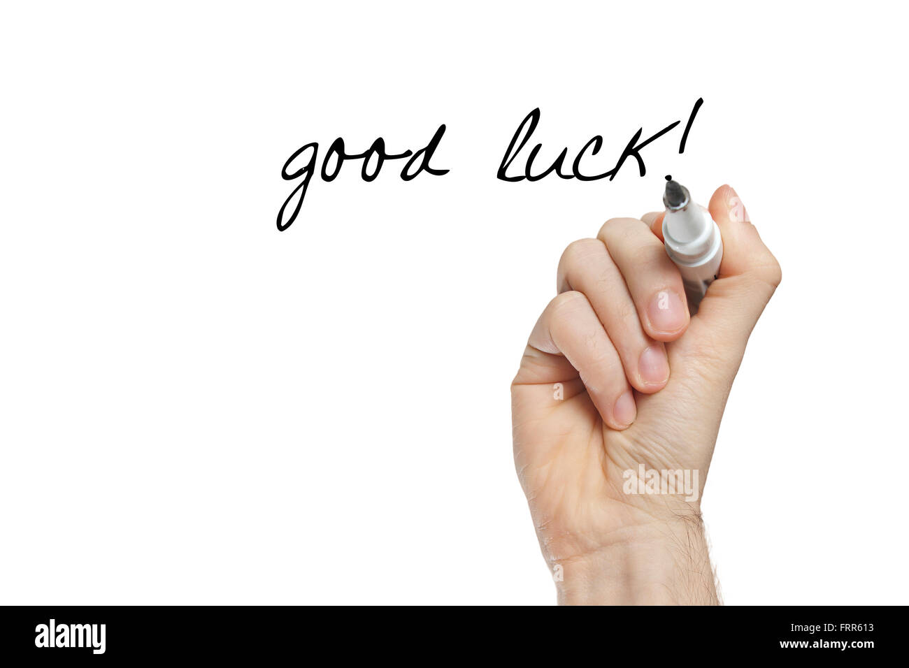 Hand writing good luck on whiteboard isolated on white Stock Photo - Alamy