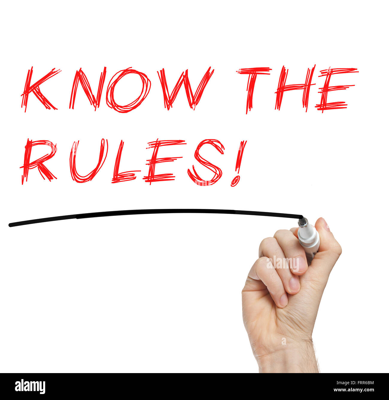 Hand writing Know The Rules with red marker on transparent wipe board ...