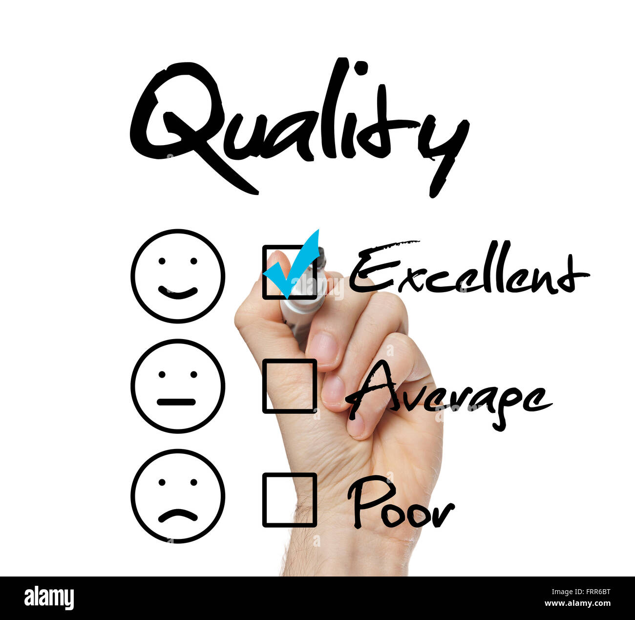 Hand putting check mark with blue marker on excellent quality ...
