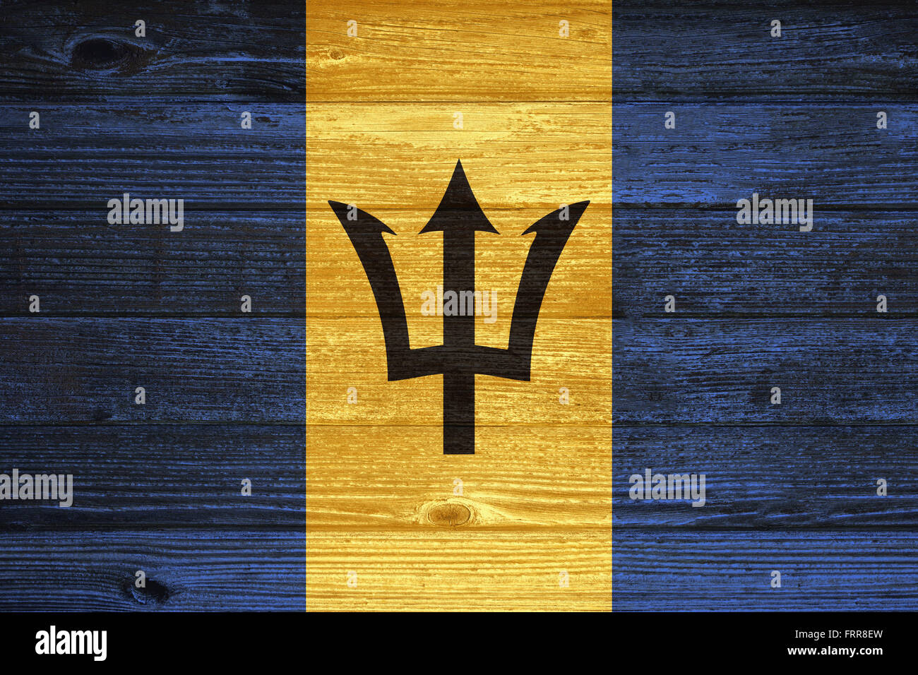 Barbados Flag painted on old wood plank background Stock Photo - Alamy