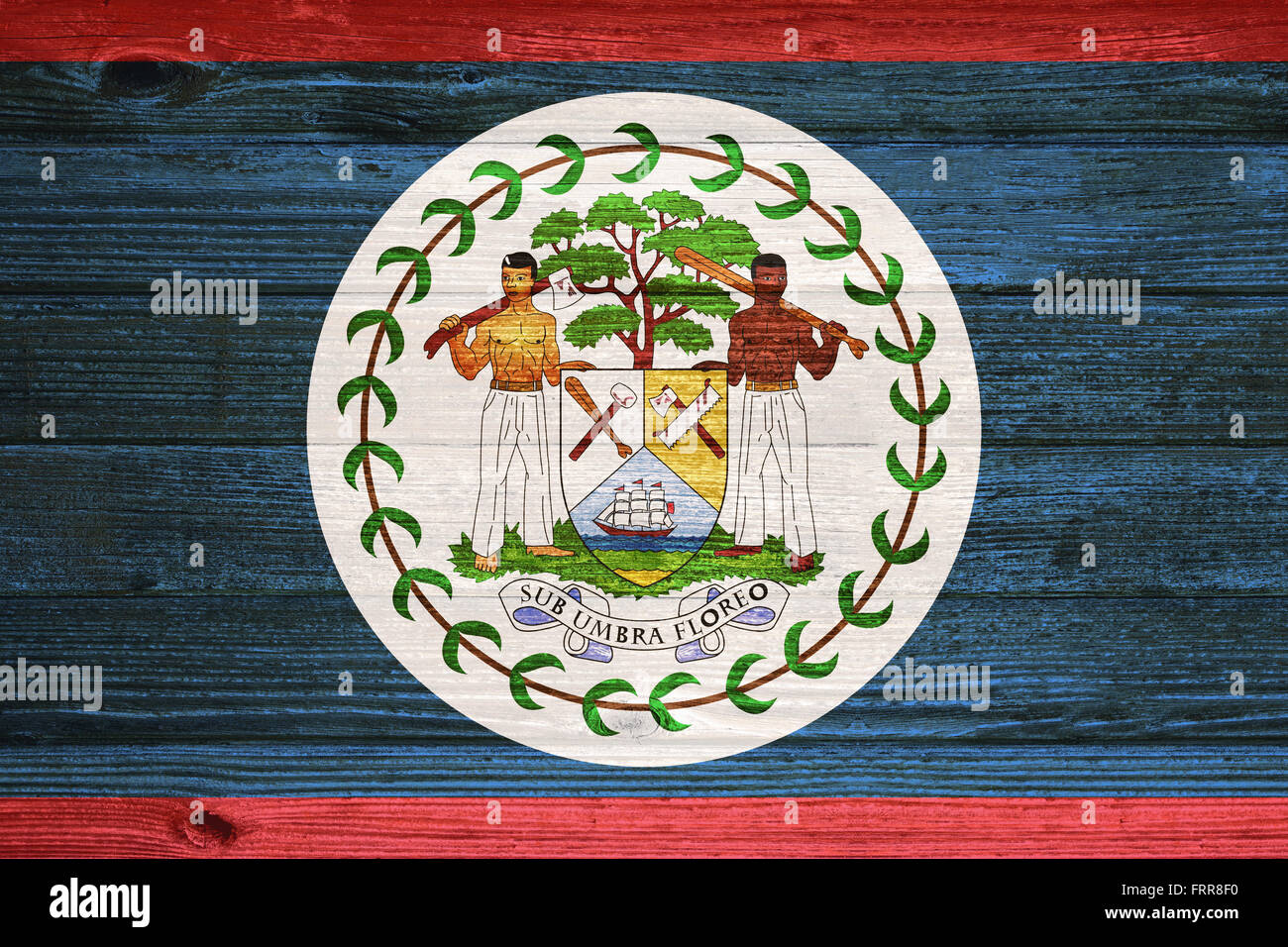 Belize Flag painted on old wood plank background Stock Photo - Alamy