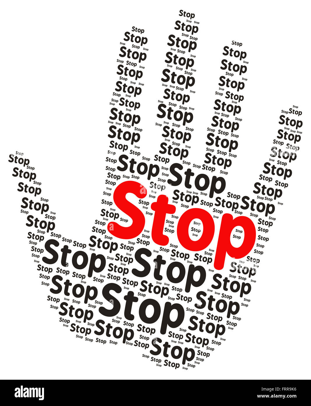 Stop word cloud in the shape of a open palm on white Stock Photo - Alamy