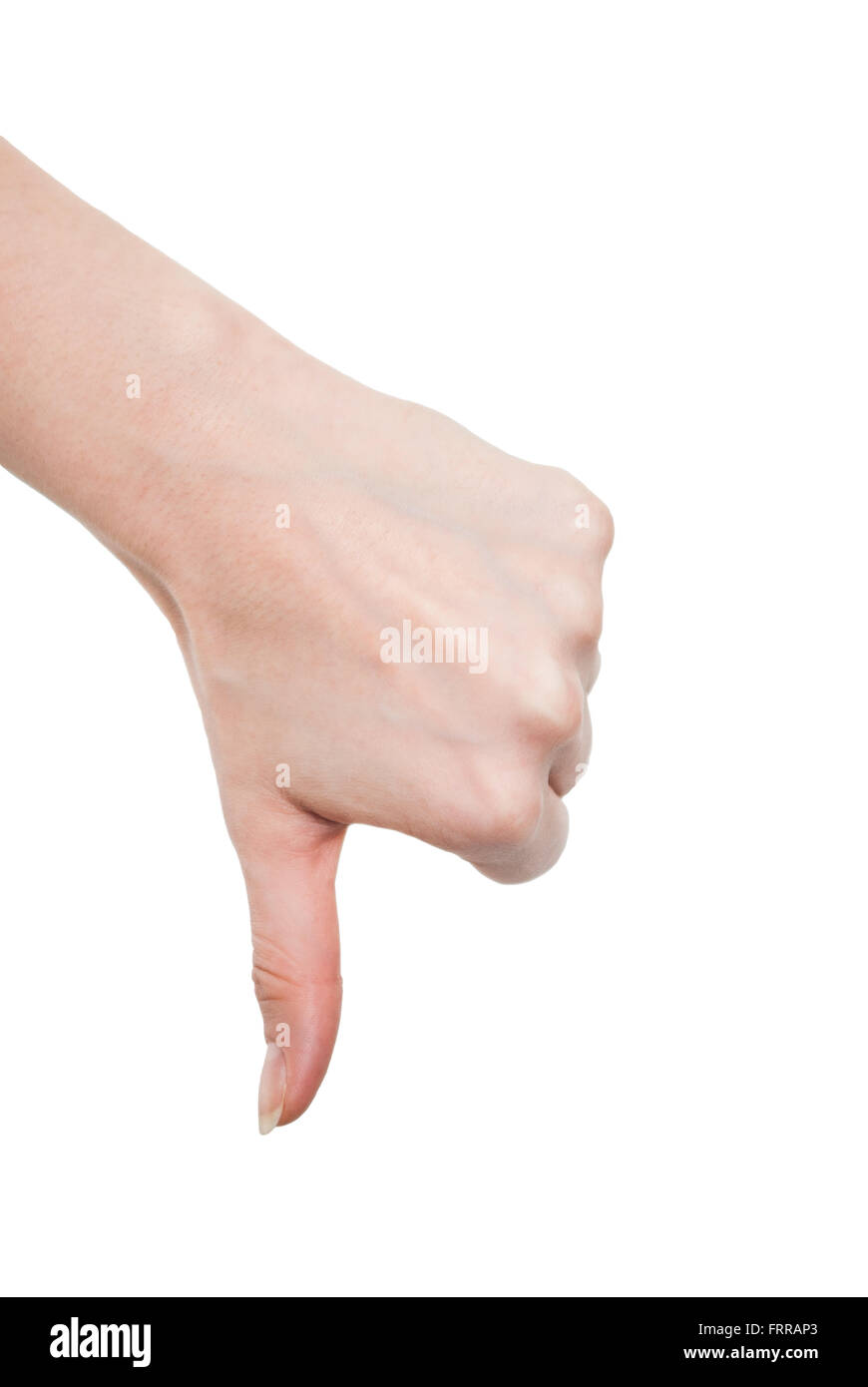 Hand thumb down isolated on white background. No sign by woman. Symbol ...
