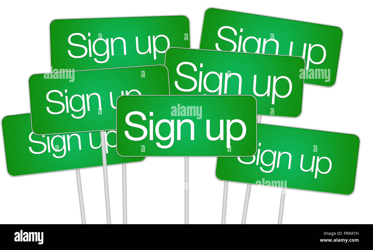Big green sign up button signs for social media Stock Photo - Alamy