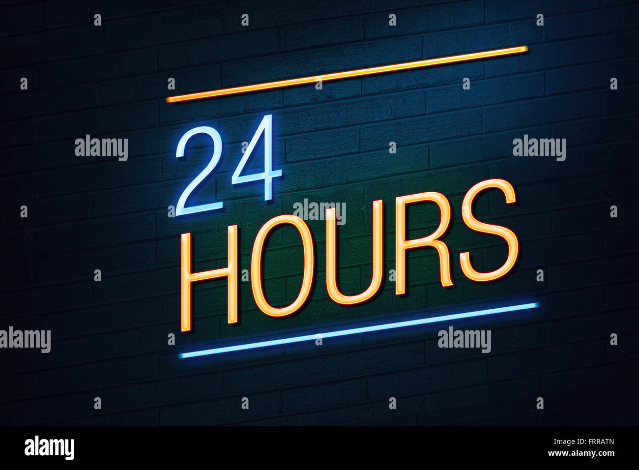 Blue and orange neon sign with 24 hours text on wall Stock Photo - Alamy